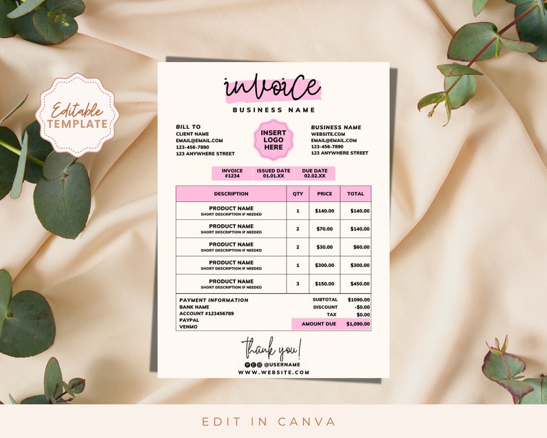 Pink Invoice Template Invoice Download Invoice Estimate - Etsy