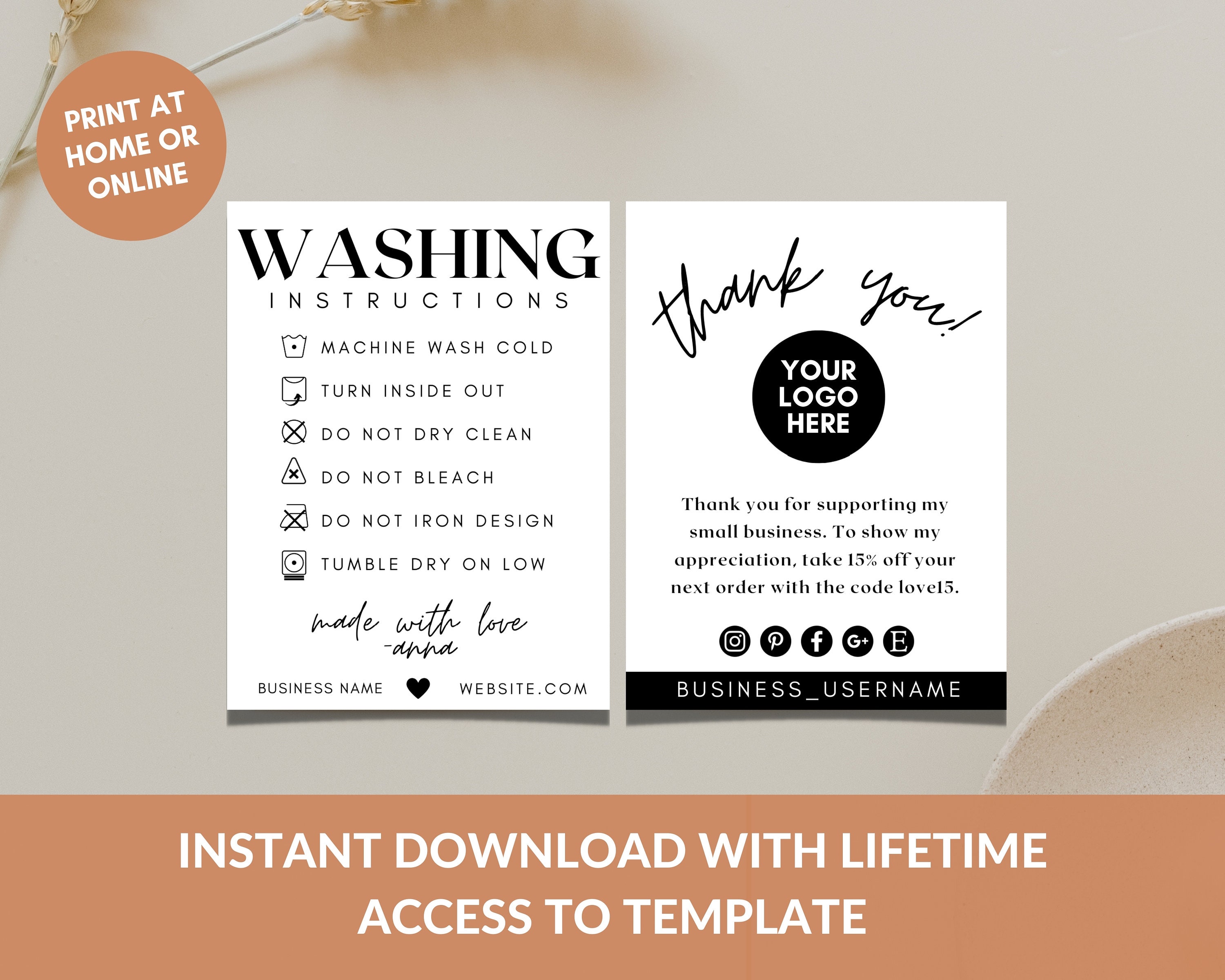Editable Washing Instructions Card Template, HTV Care Card Template ...