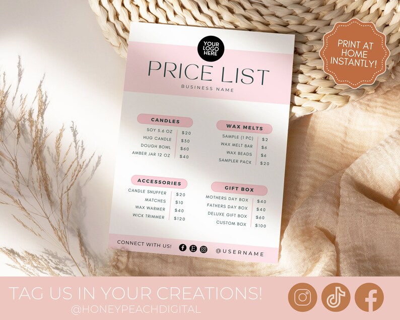 Editable Price List Template Printable Price Guide List - Etsy
