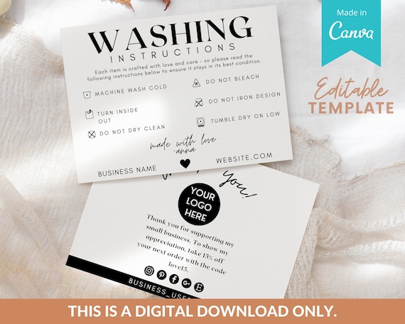 Editable Washing Instructions Card Template Printable - Etsy