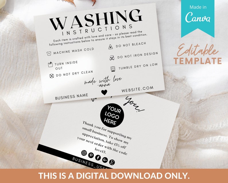 Editable Washing Instructions Card Template Printable - Etsy