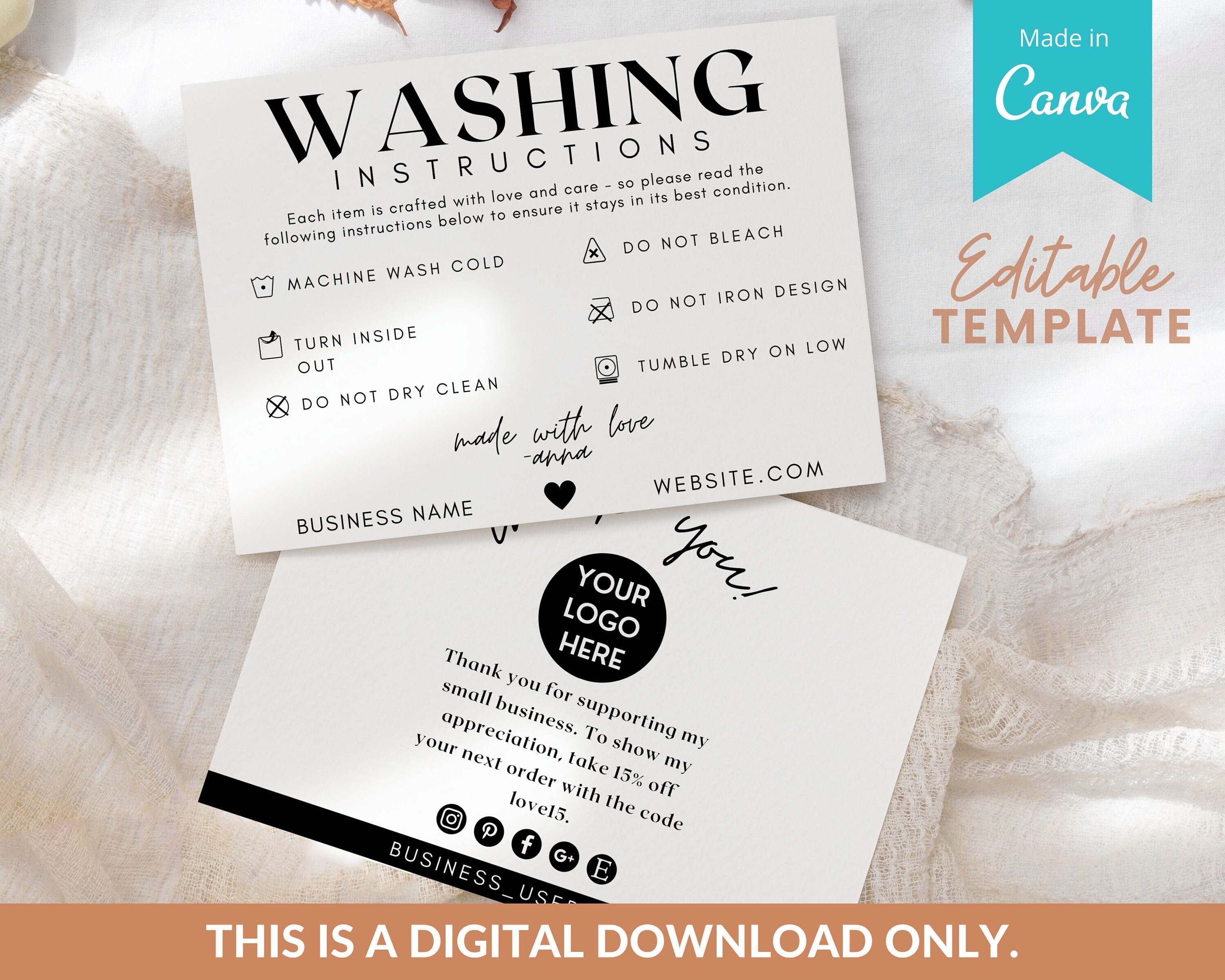 Editable Washing Instructions Card Template Canva Printable Clothing ...