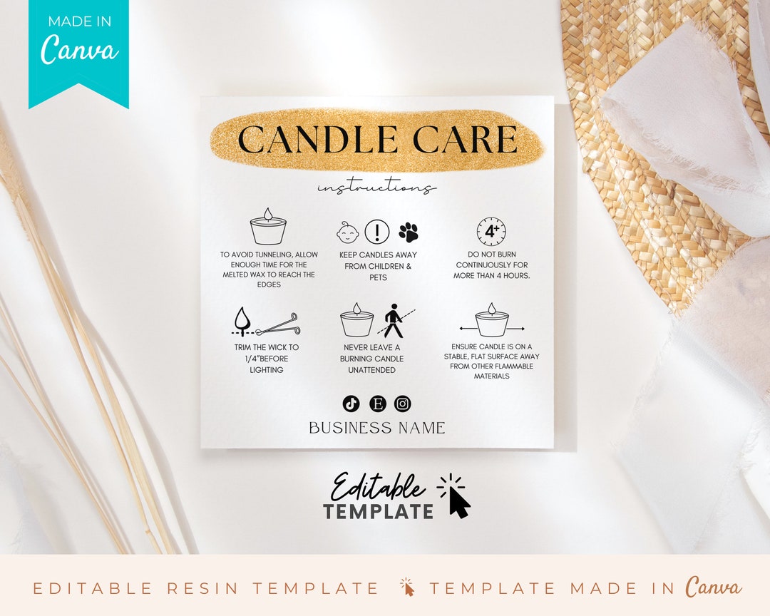 Editable Candle Care Card, Customizable Candle Card Template, Candle ...