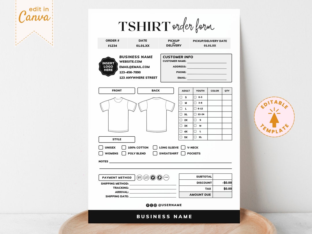 Tshirt Order Form Template, Editable Blank Shirt Order Forms, Printable ...