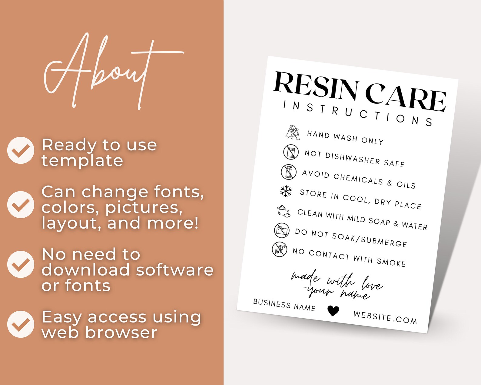 Editable Resin Care Card Template, Resin Guide Canva Template, Simple ...