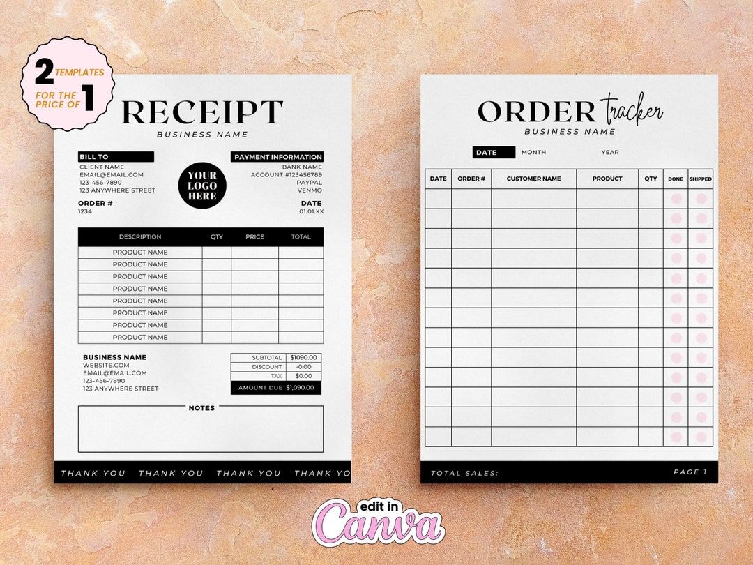 Receipt Template BUNDLE, Order Tracker, Order Form Template Editable ...