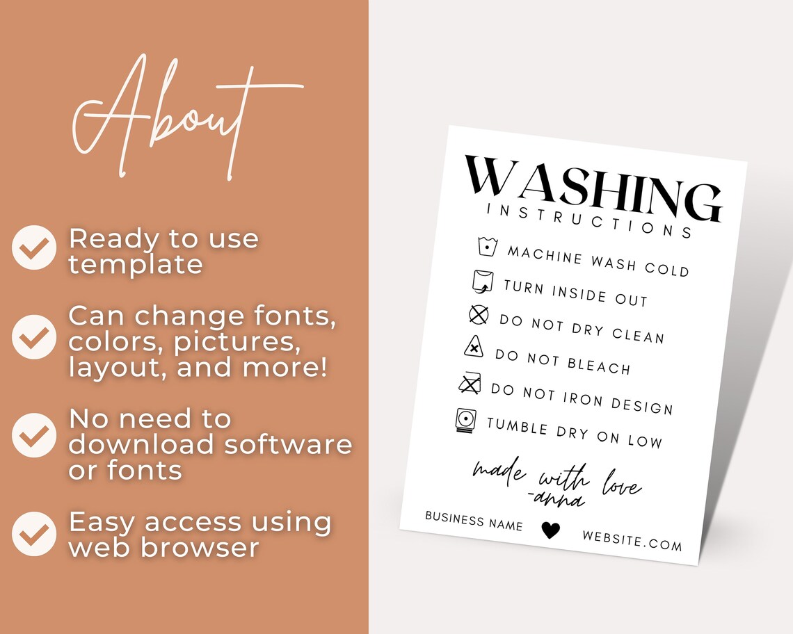 Editable Washing Instructions Card Template, HTV Care Card Template ...