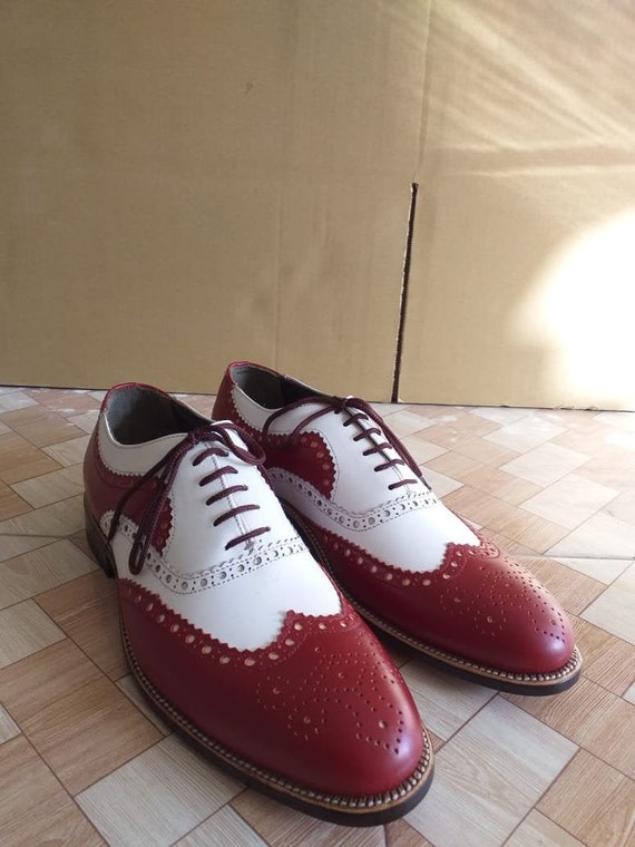 Handmade Men's Two Tone White & Red Leather Wingtip - Etsy