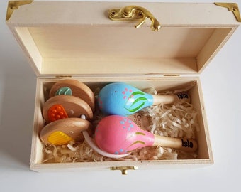 Personalised Customised Mini Wooden Maracas Box Baby Rattle Shaker ...