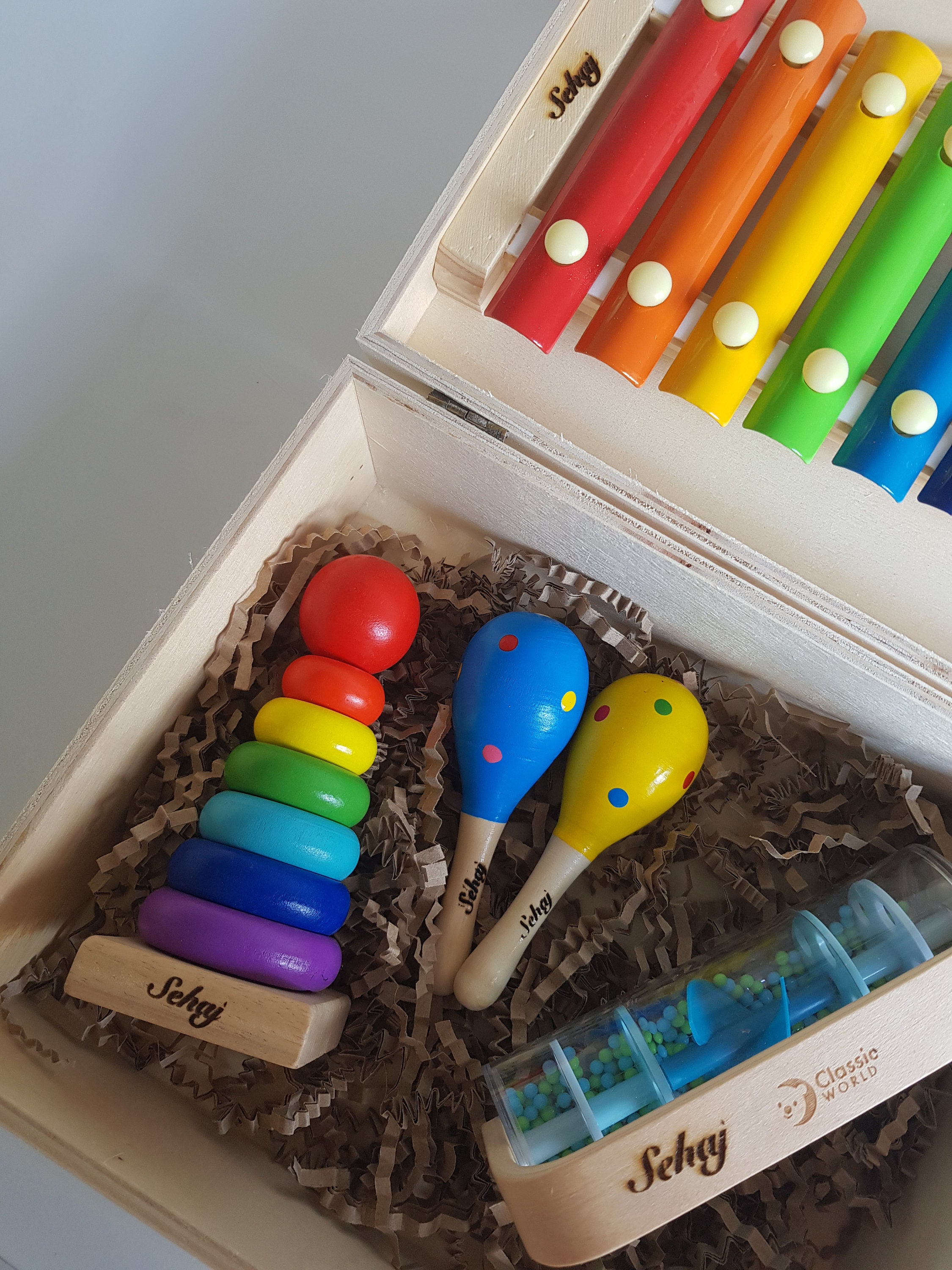 Wooden personalised keepsake treasure box baby sensory giftset | Etsy