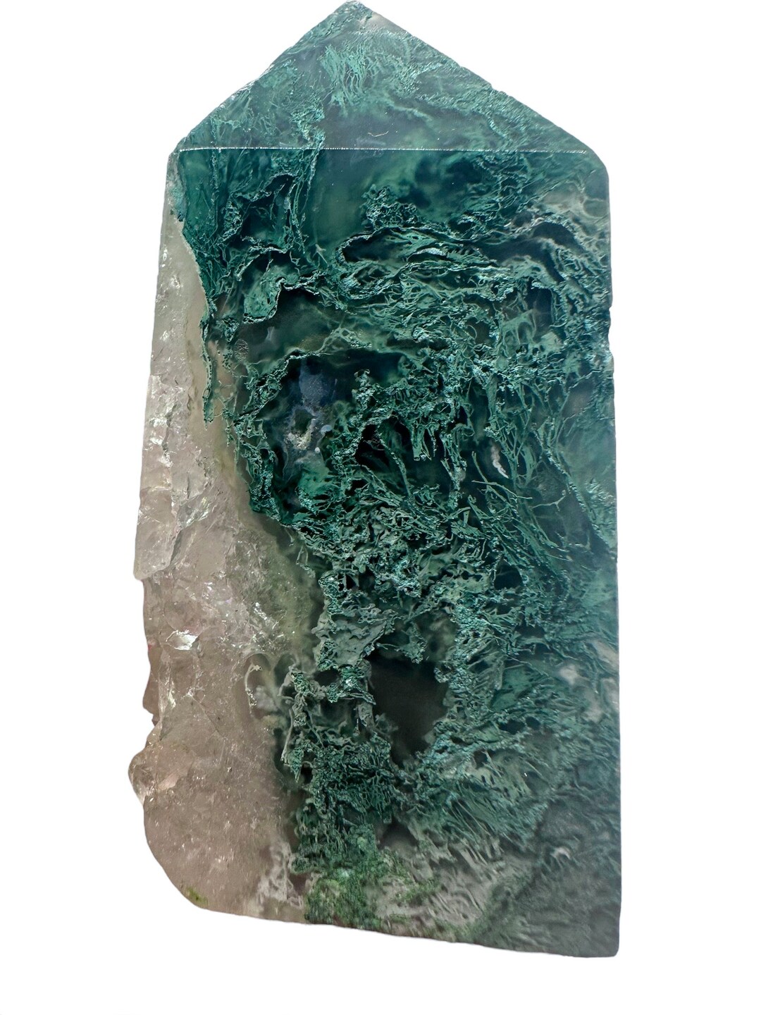 Quartz & Druzy Moss Agate Crystal Healing Tower Polished Gemstone With ...