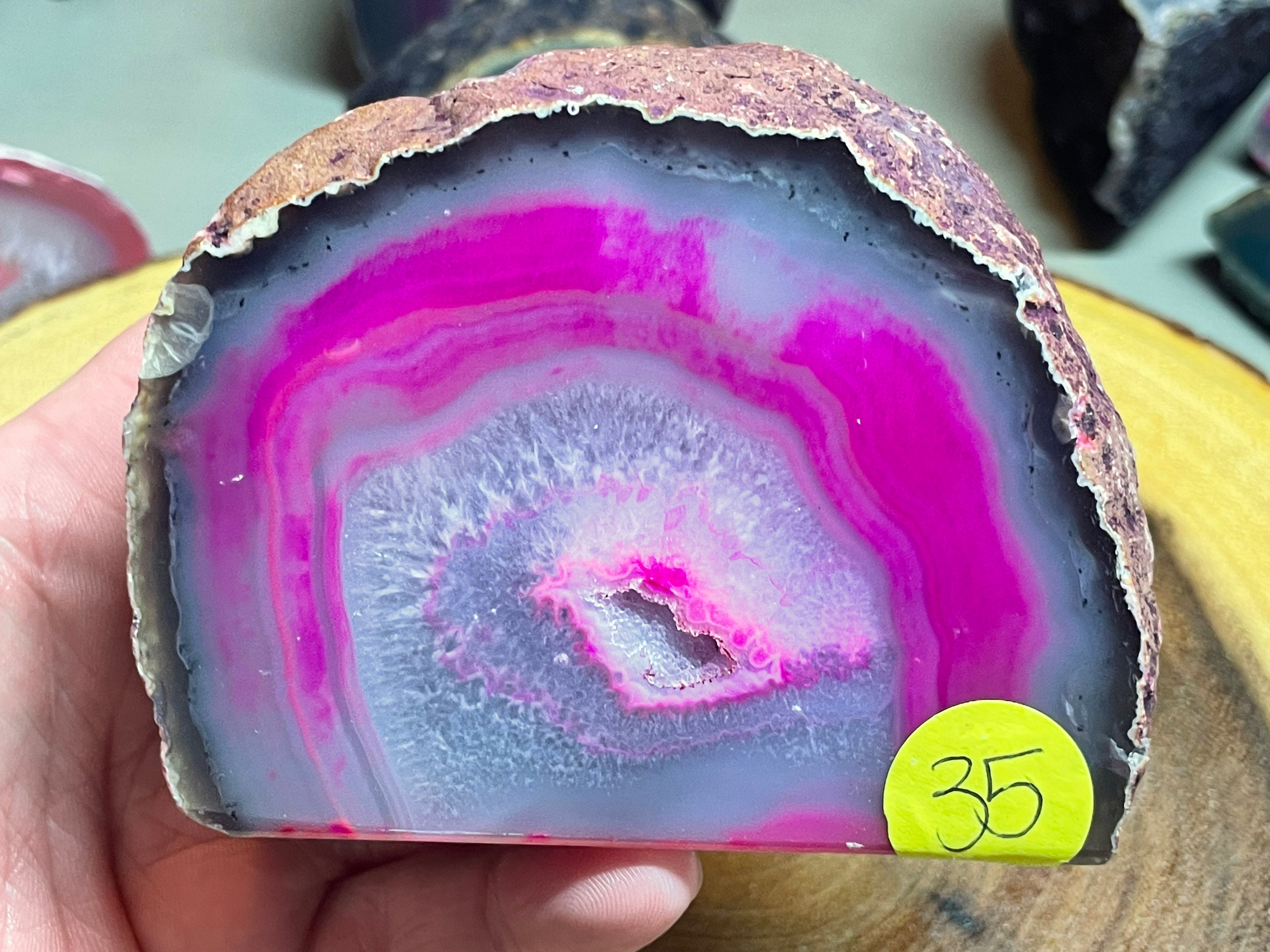 A large pink Geode Slice from Brazil with a Druzy Cave crystal | Etsy
