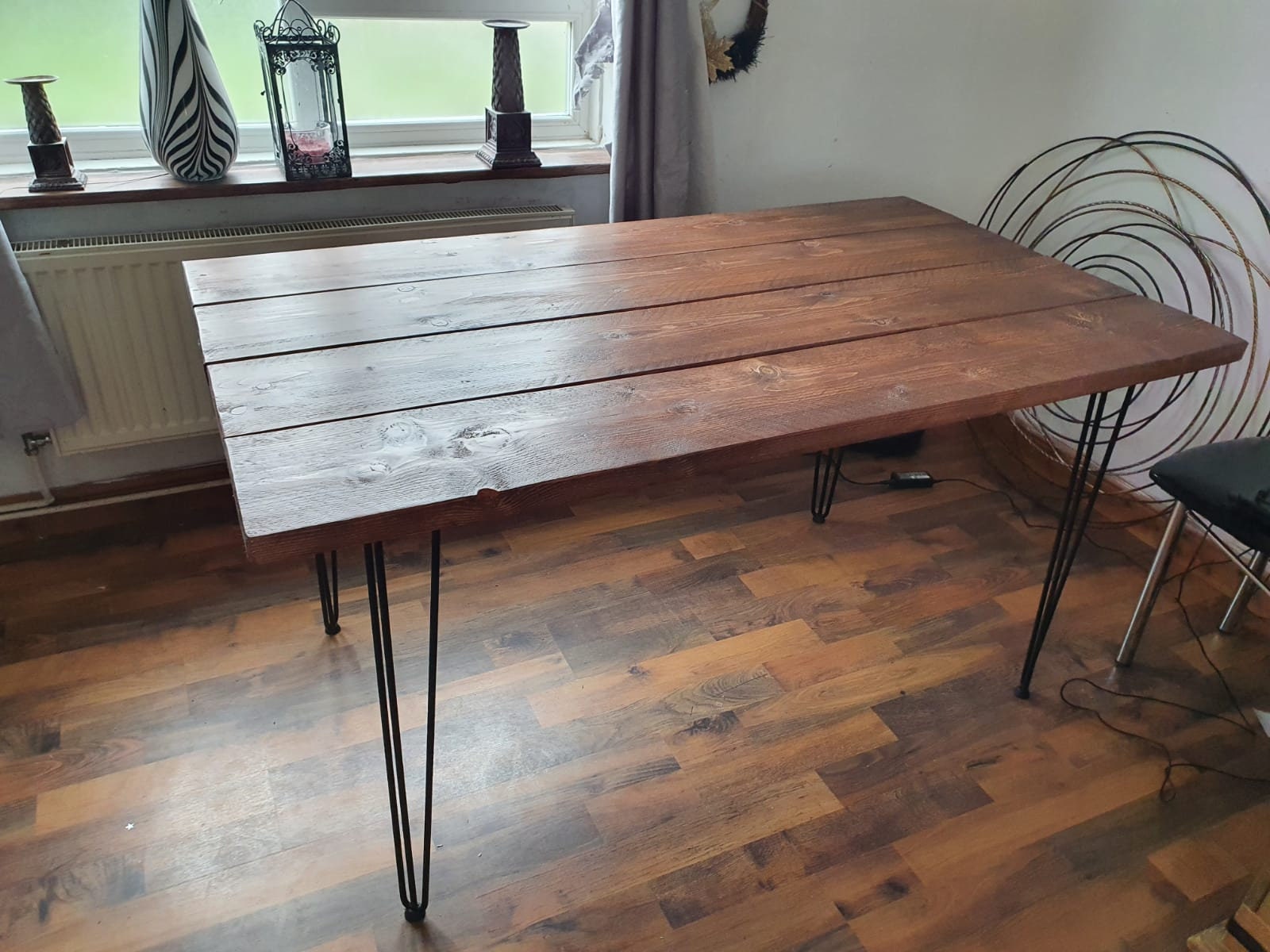 Indian Rosewood Effect Scaffold Dining Table Complete With Hairpin Legs ...