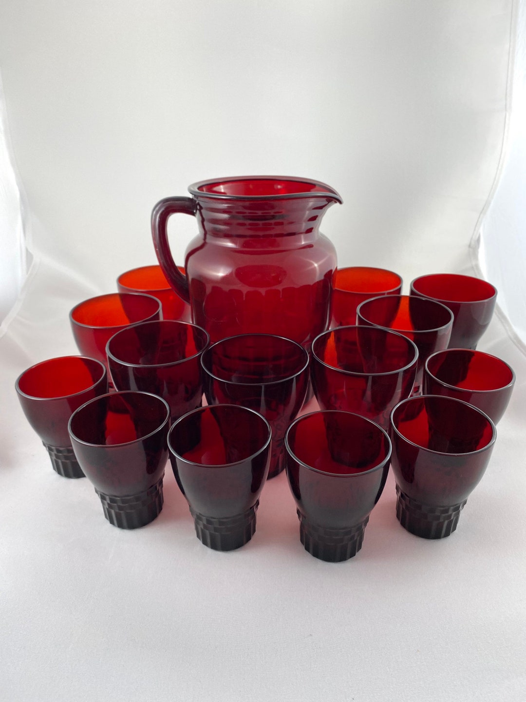 Anchor Hocking Ruby Red Windsor Pitcher With 14 Glasses Midcentury - Etsy