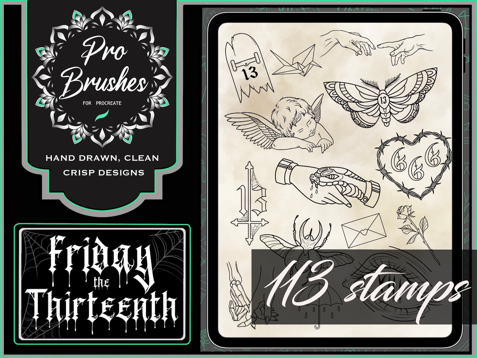 Friday the 13th Tattoo Stamps for Procreate - 113 Tattoo Flash Designs for Friday the 13th ...