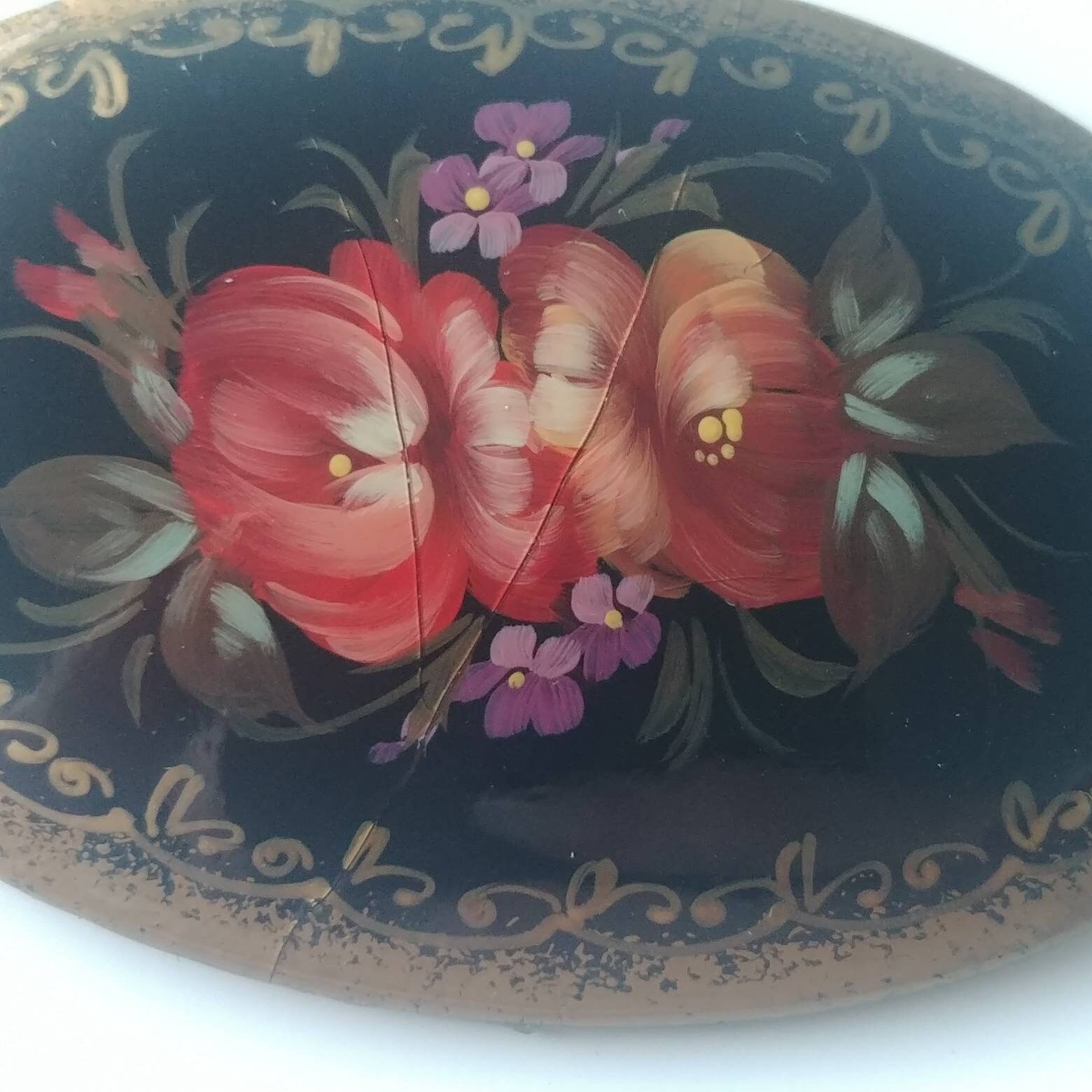 Vintage Wooden Brooch Black With Flowers. Hand Painting - Etsy