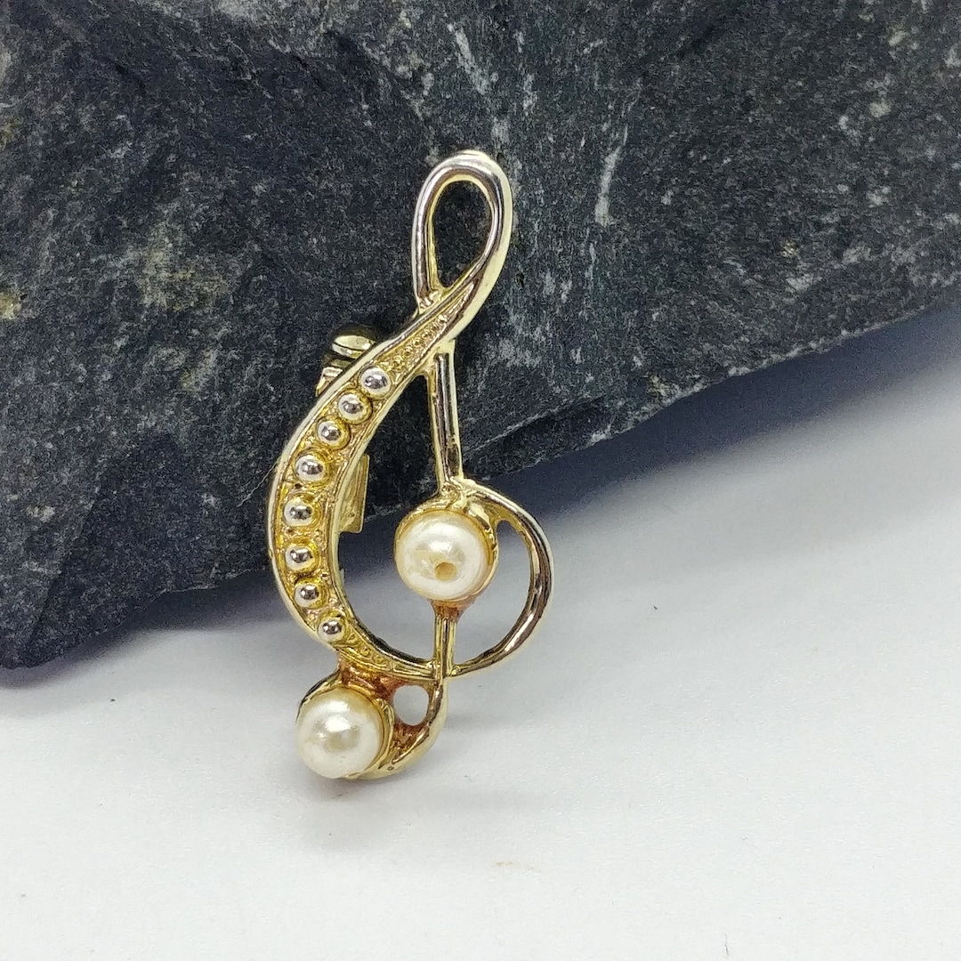 Broche musicale clé de sol vintage dorée avec perle - Etsy France