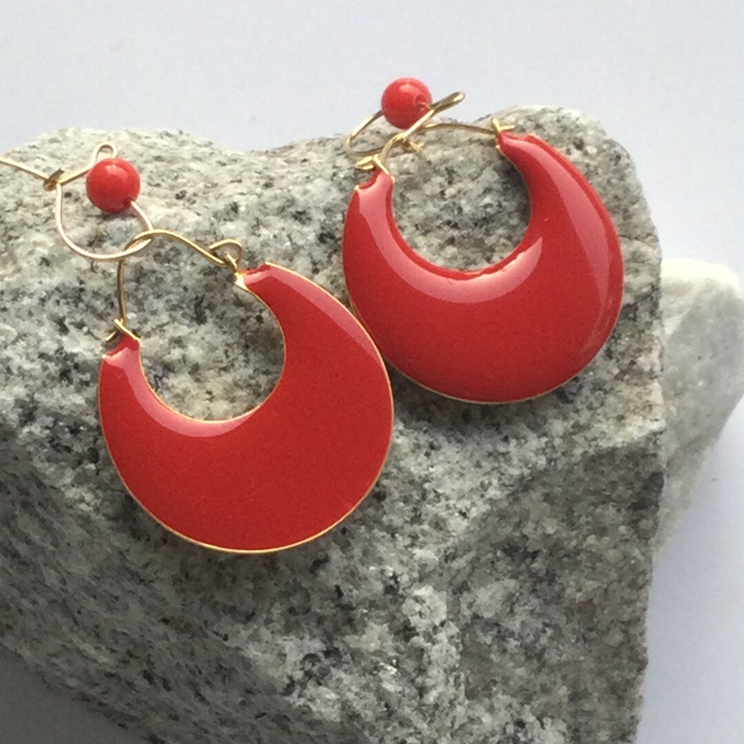 Vintage Earrings Gold Tone With Red Enamel - Etsy