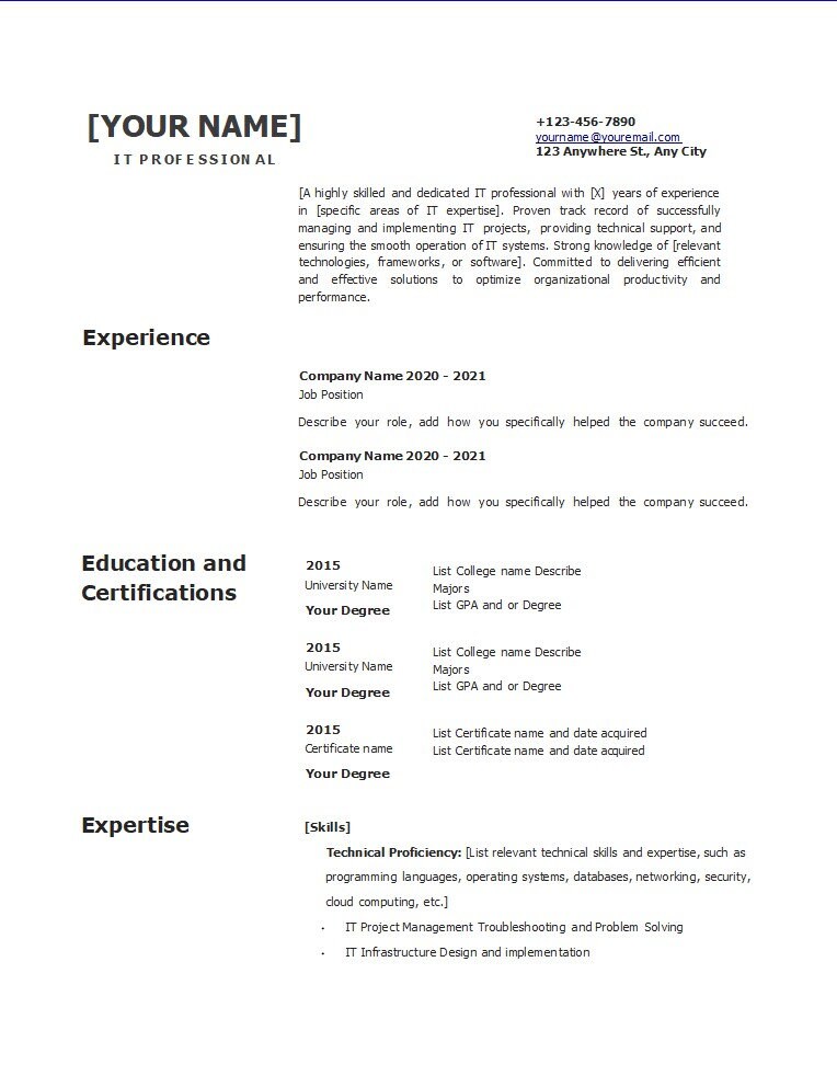 IT Pro Minimalist Resume Template in DOC and ODT Format Traditional Cv ...