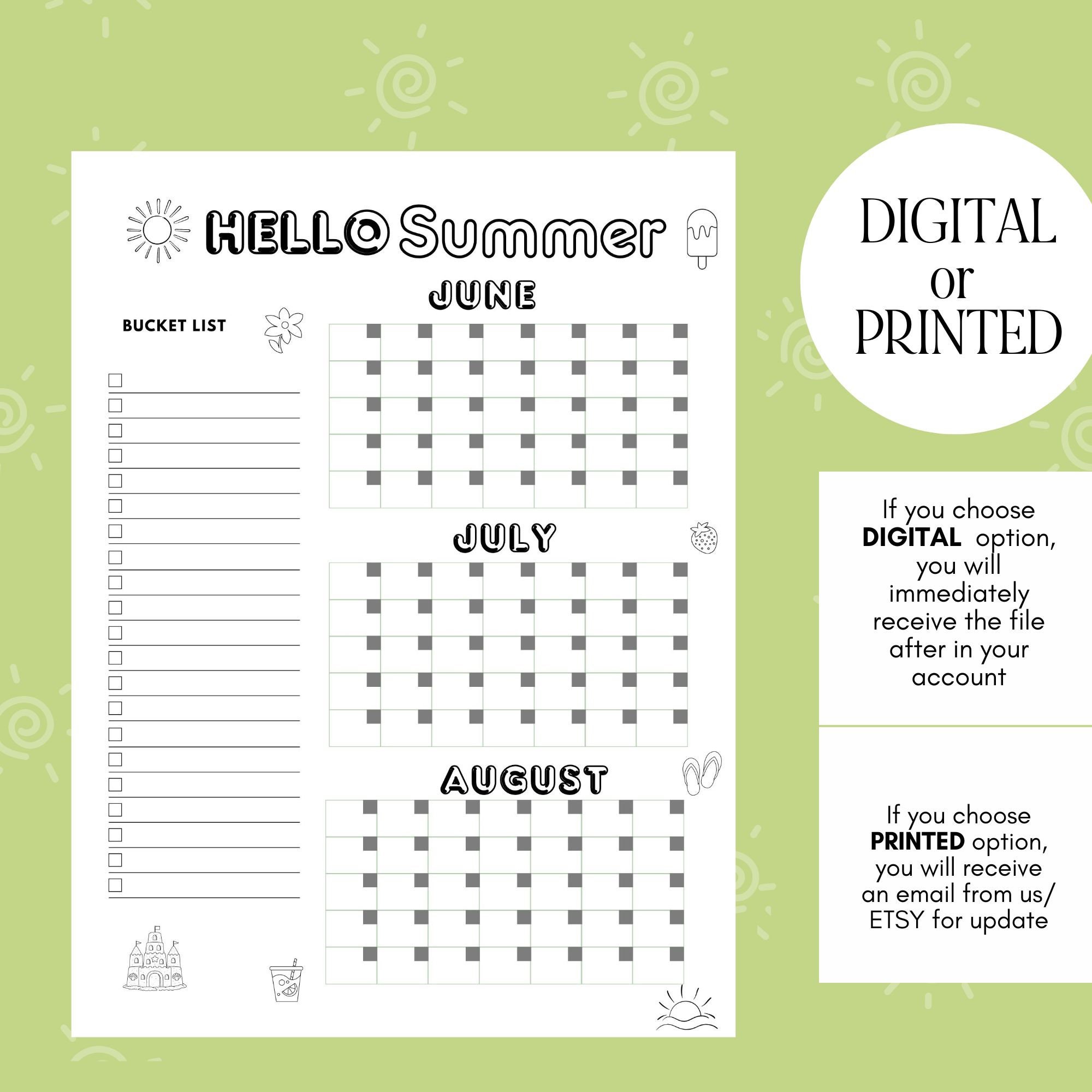 Summer Calendar Printable Bucket List Bulletin Board Planning Calendar ...