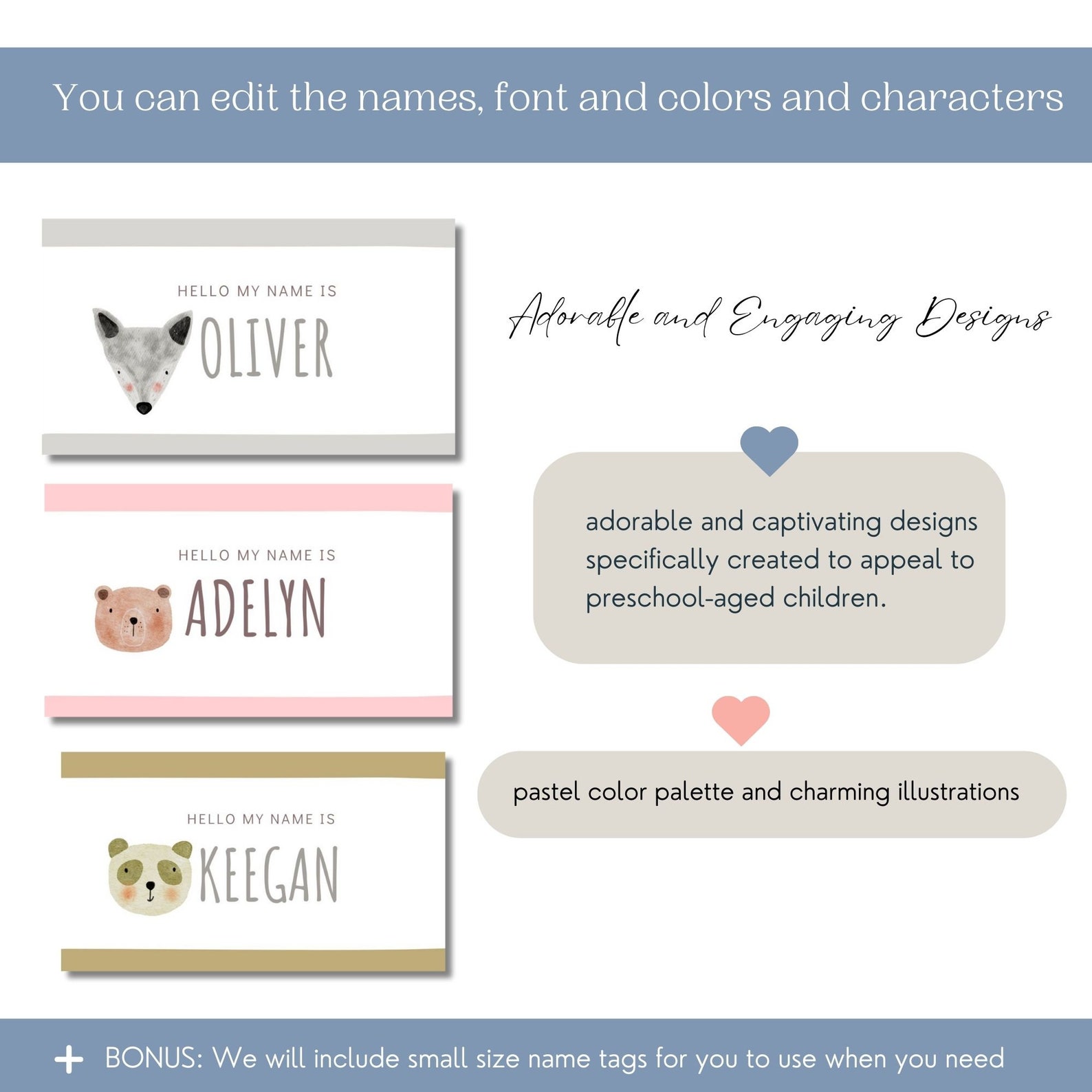 Personalized Printable Name Tags Cute Pastel Designs for Preschoolers ...
