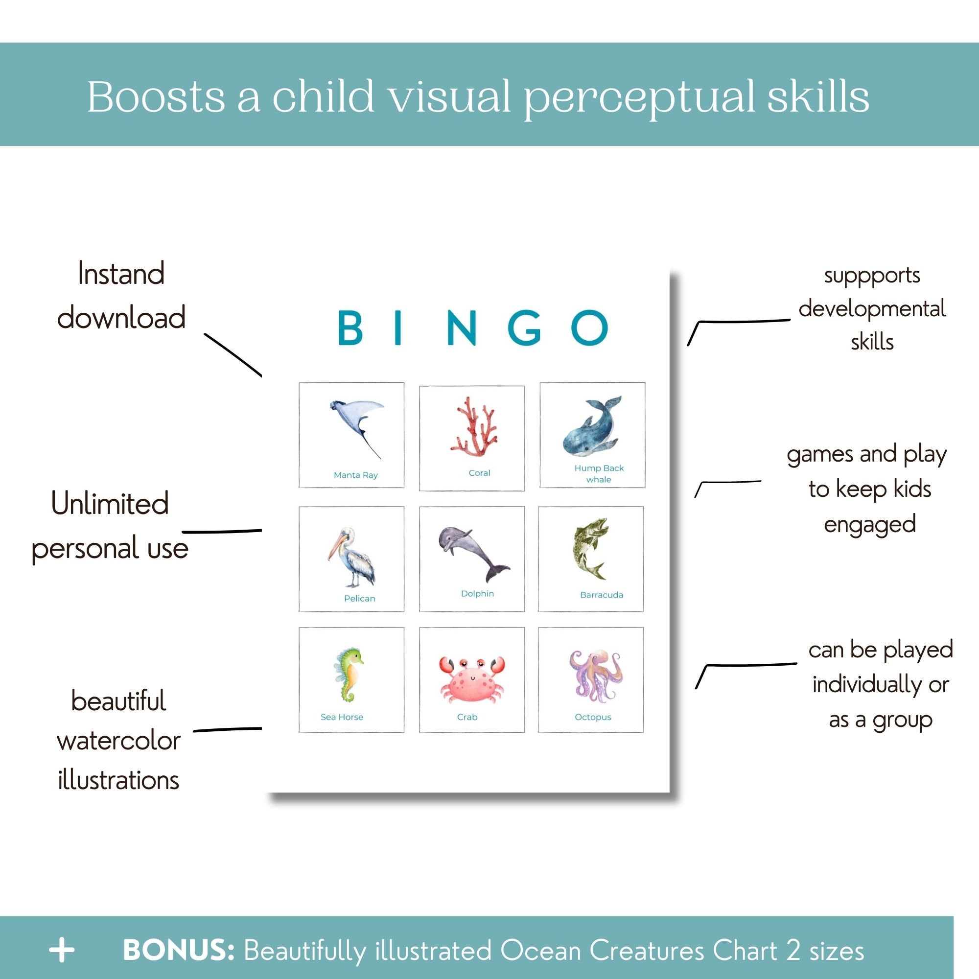 Ocean Bingo Activity for Preschoolers Sea Animals Flash Cards Ocean ...