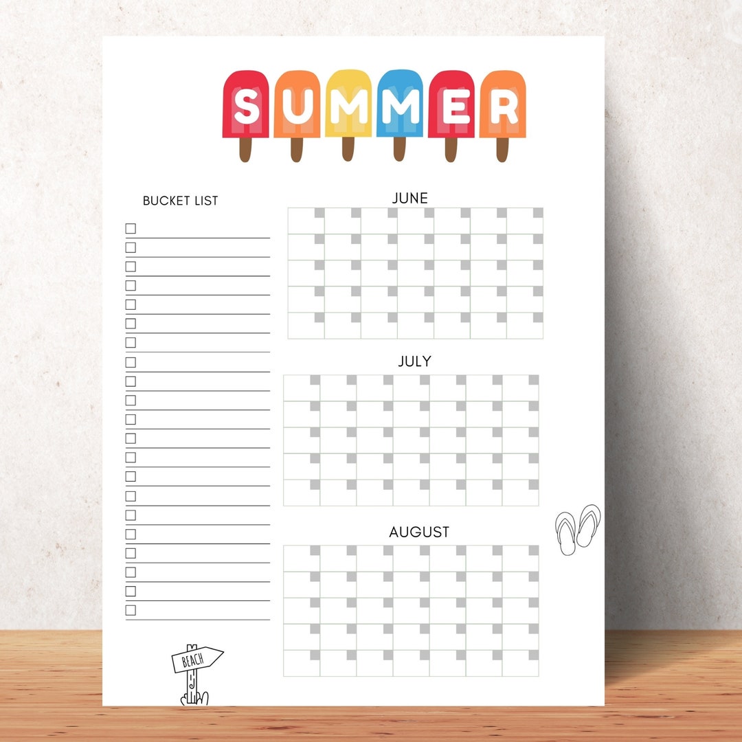 Printable Summer Family Calendar Chore Chart Bucket List Summer ...
