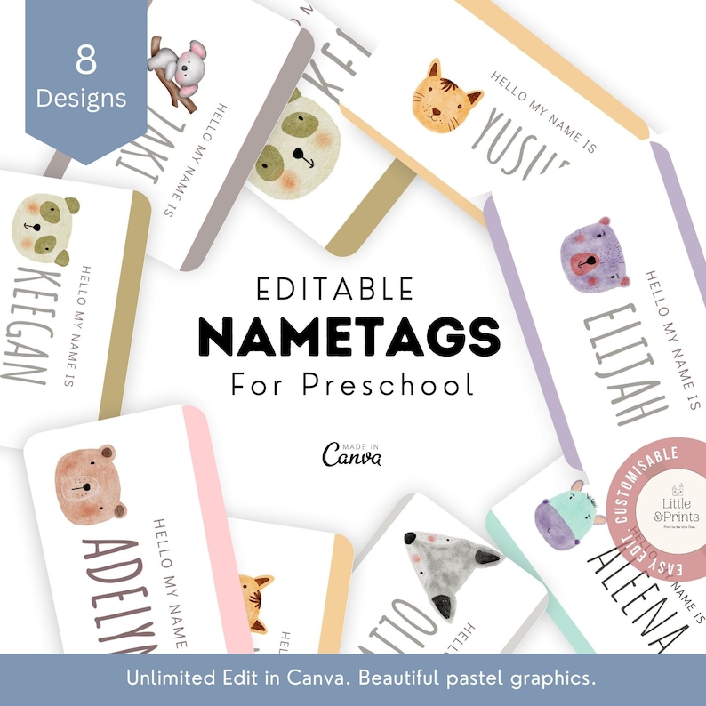Personalized Printable Name Tags Cute Pastel Designs for Preschoolers ...