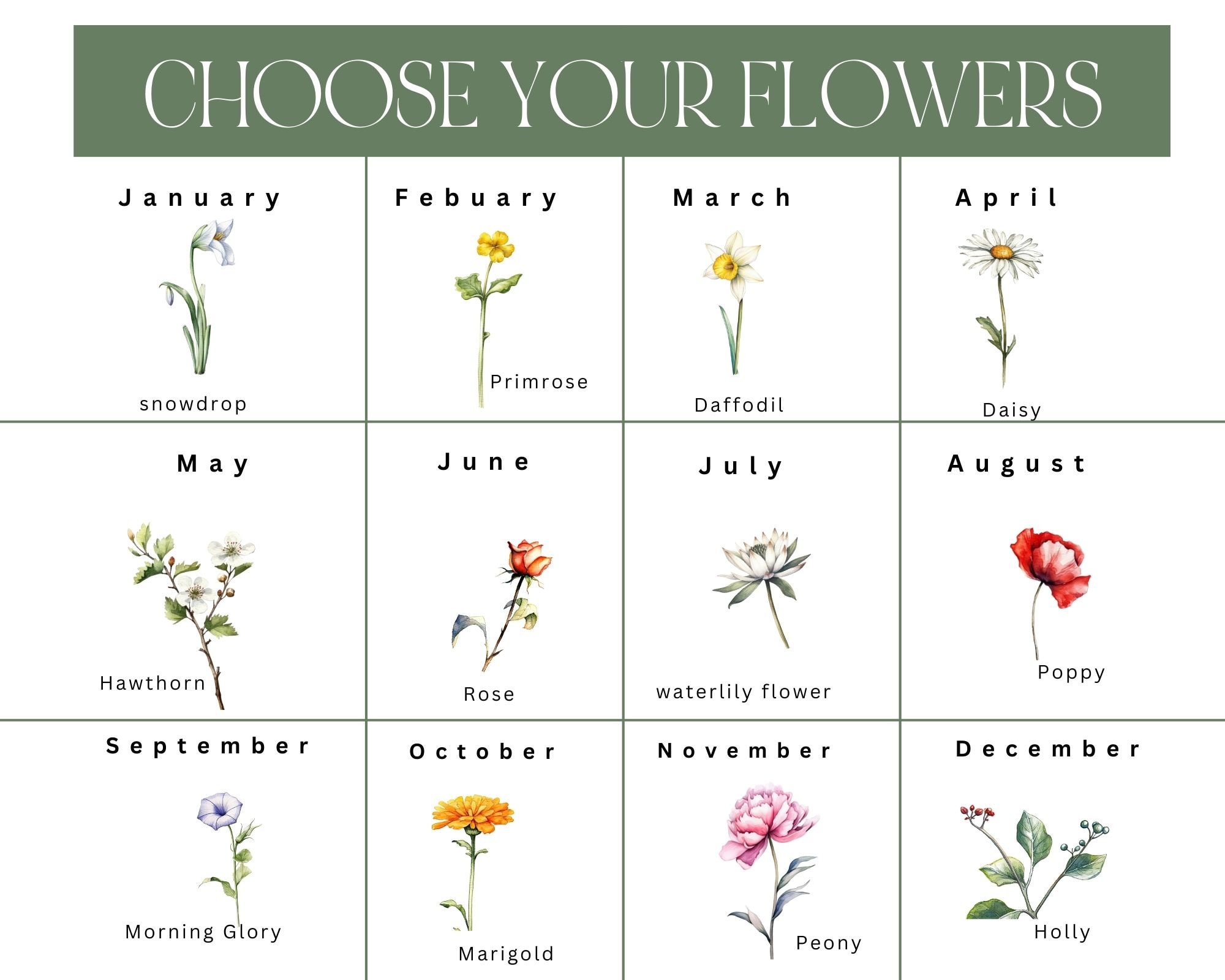 Watercolor Birth Flowers With Names Grandmas Gift Personalized Gift for ...