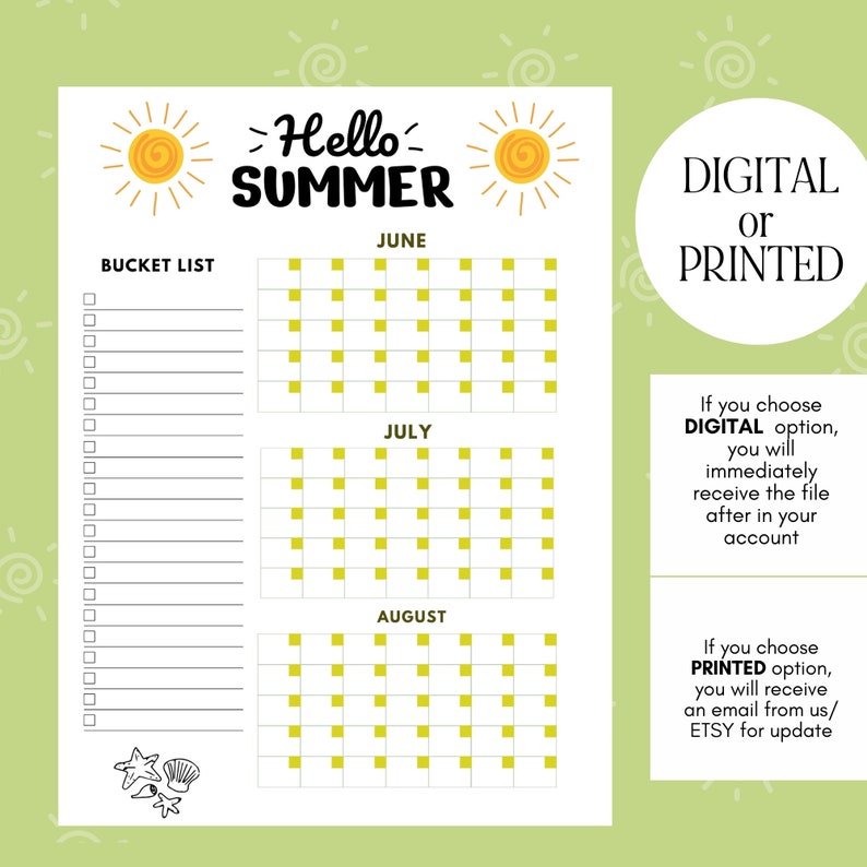 Summer Bucket List Calendar 2024: Kids' Activity Planner (PDF or ...