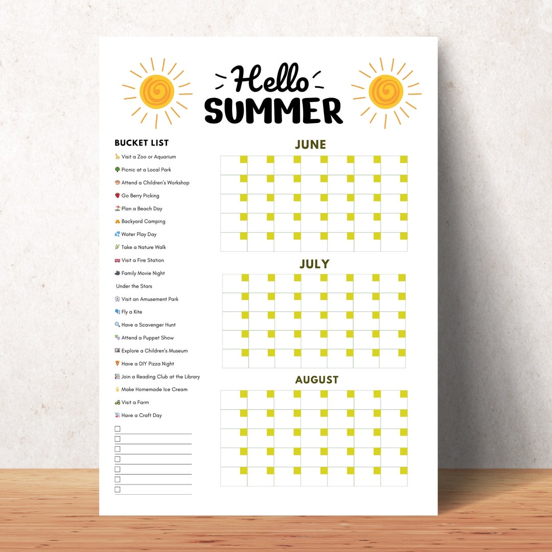 Summer Calendar Bucket List for Kids 2024 Bucket List Poster PDF Plan ...