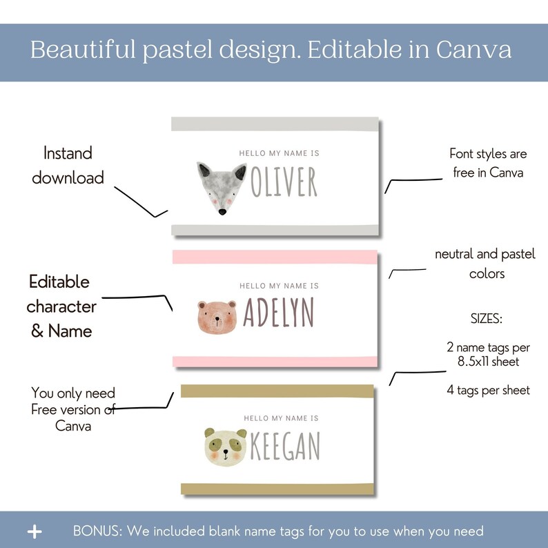 Personalized Printable Name Tags Cute Pastel Designs for Preschoolers ...