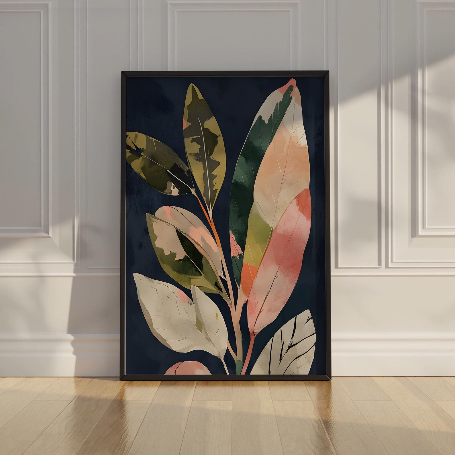 Modern Botanical Illustration Colorful Leaves on Navy Background - Etsy