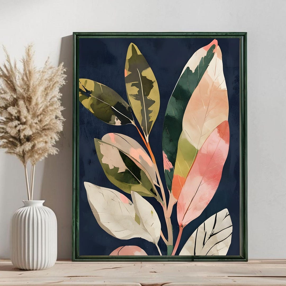 Modern Botanical Illustration Colorful Leaves on Navy Background - Etsy