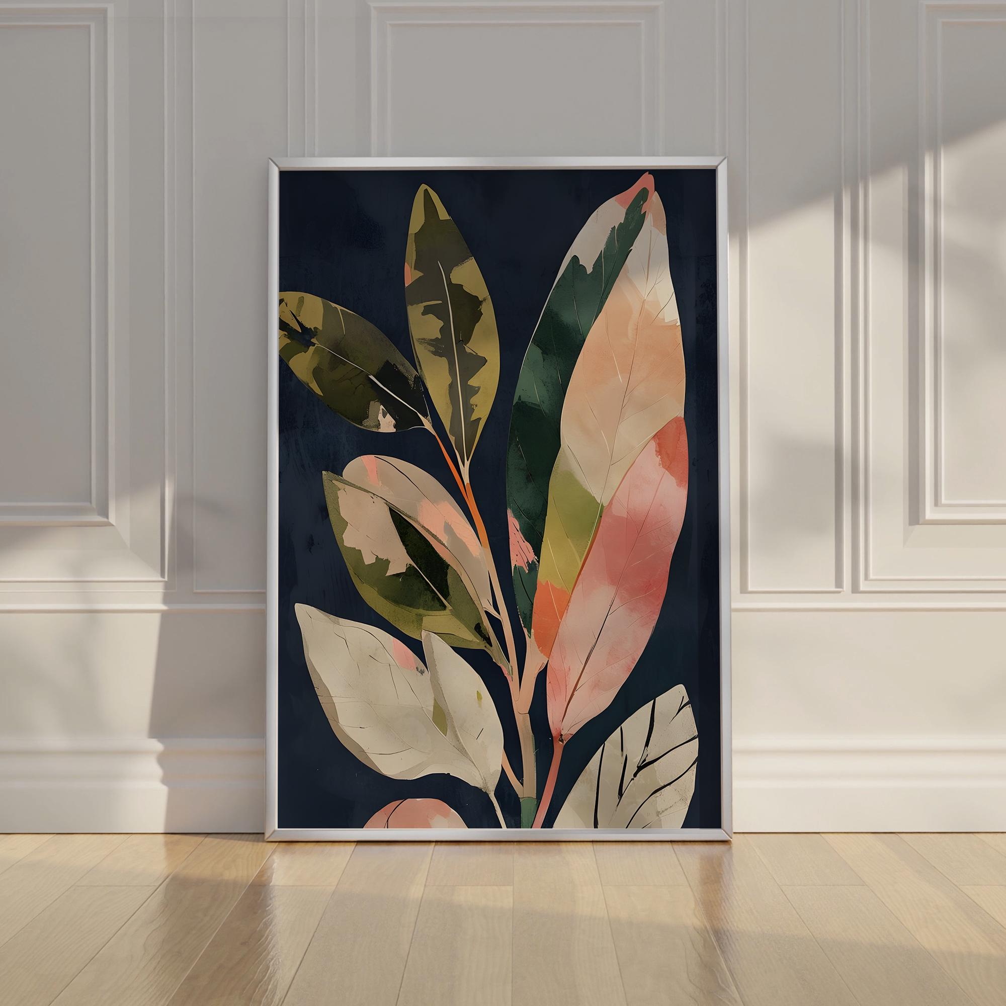 Modern Botanical Illustration Colorful Leaves on Navy Background - Etsy