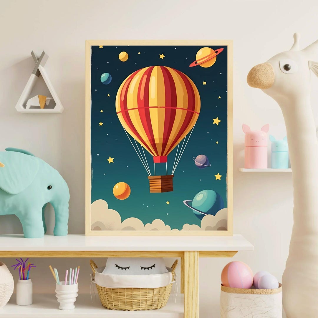 Hot Air Balloon and Planets Nursery Wall Art , Space Themed Kids ...