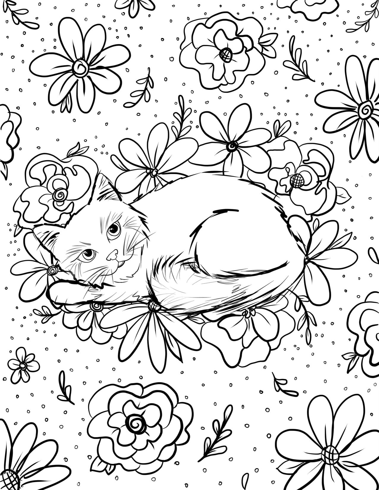 Floral Kitty Coloring Page - Etsy