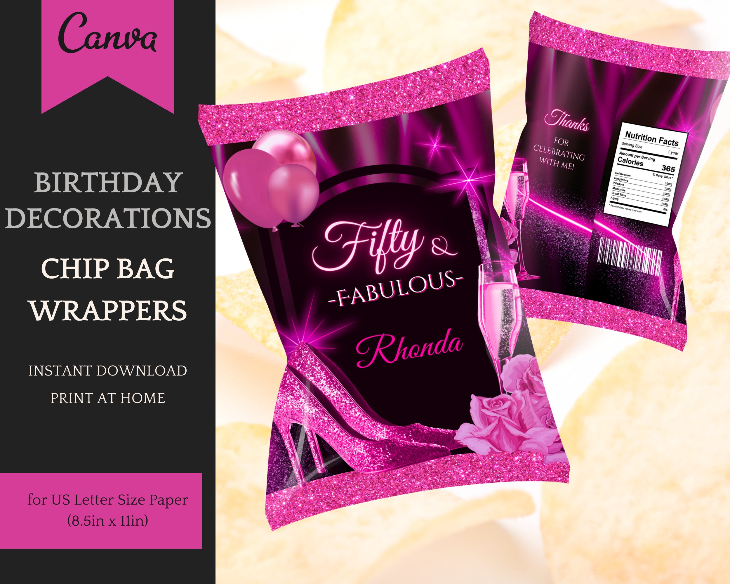 Birthday Chip Bag Template Hot Pink Glitter Heel Elegant - Etsy