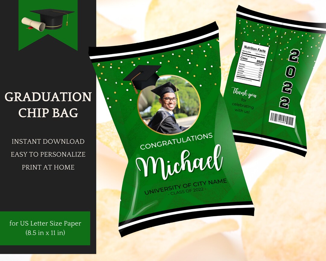 Chip Bag Template - Editable, Graduation Party, Class of 2025 in Green ...