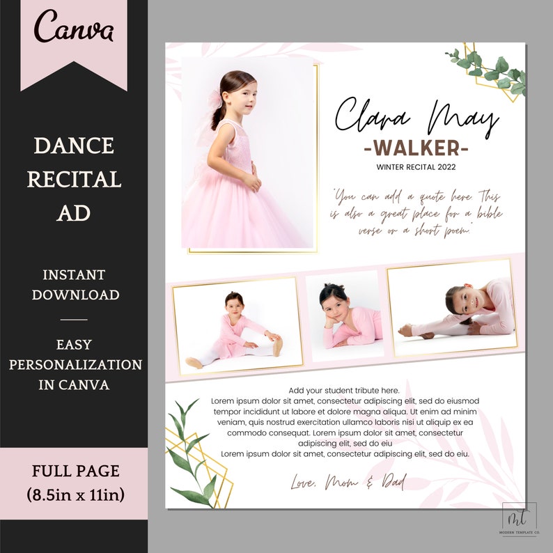Dance Recital Ad Template - Elegant Editable Full Page Program Ad ...