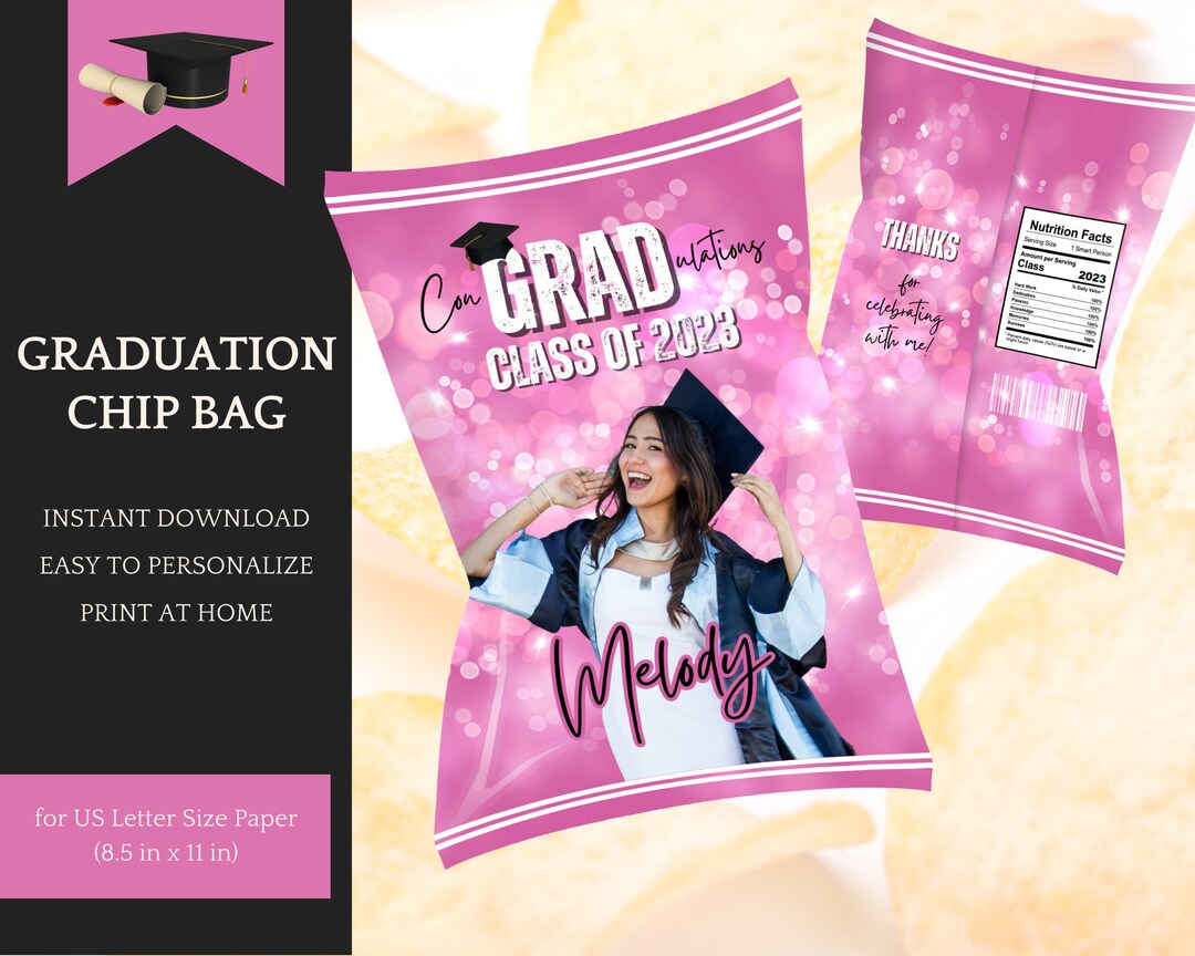 Pink Glitter Chip Bag Template for Girls, Graduation Party Decorations ...