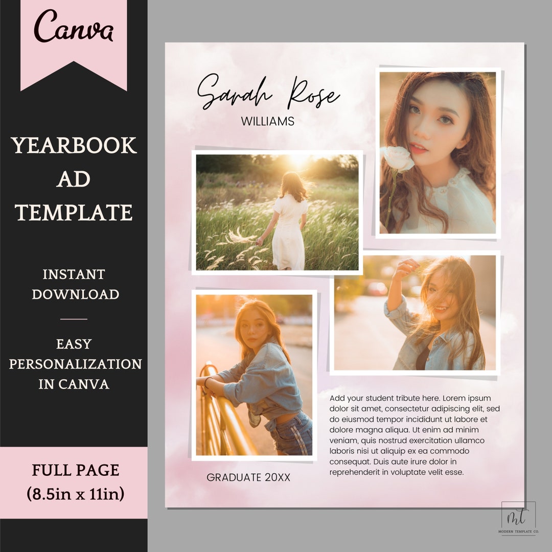 Yearbook Ad Template - Editable Full Page Template in Blush Pink With 4 ...