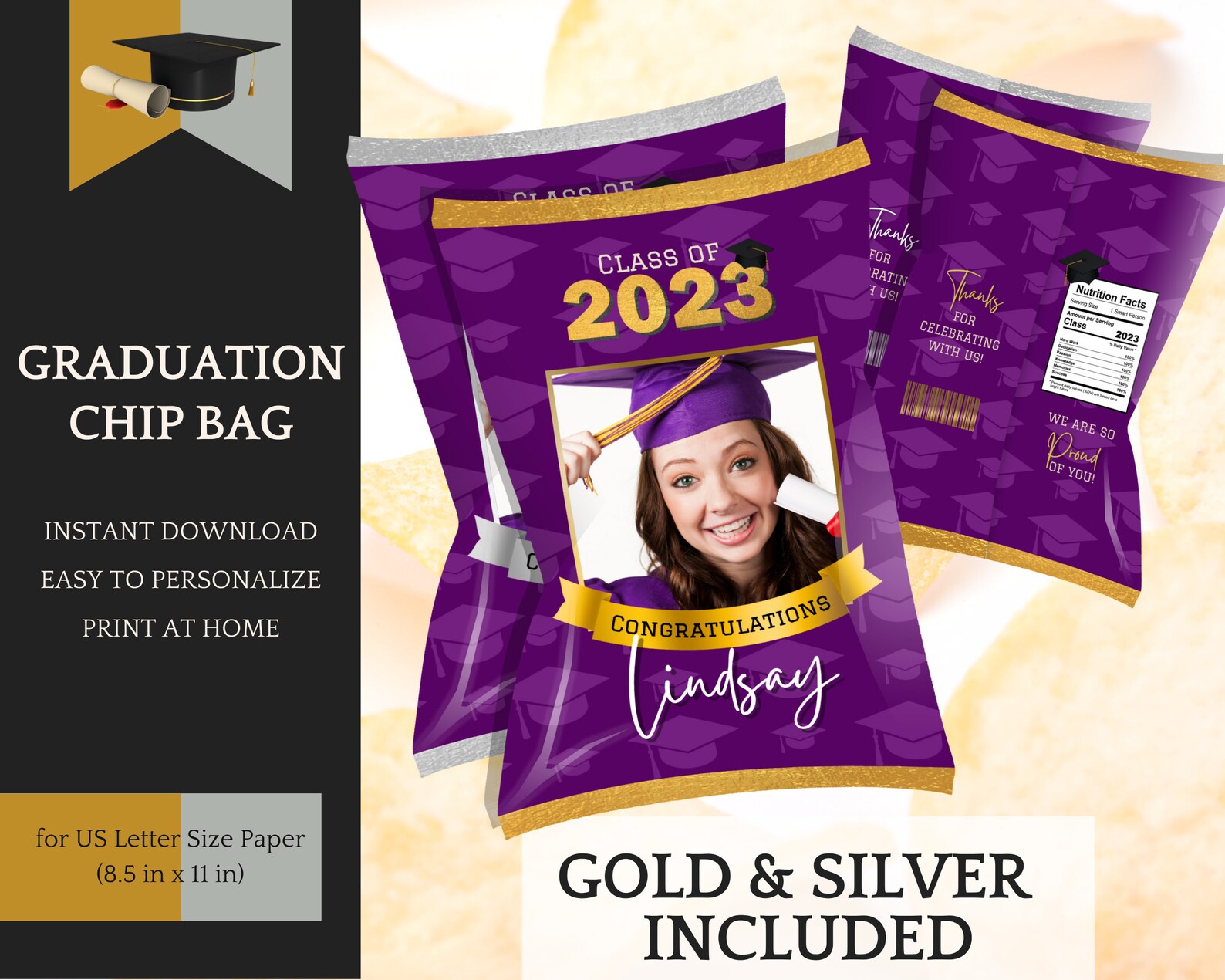 Purple Graduation Decoration Gold/silver, Chip Bag Template, Candy ...