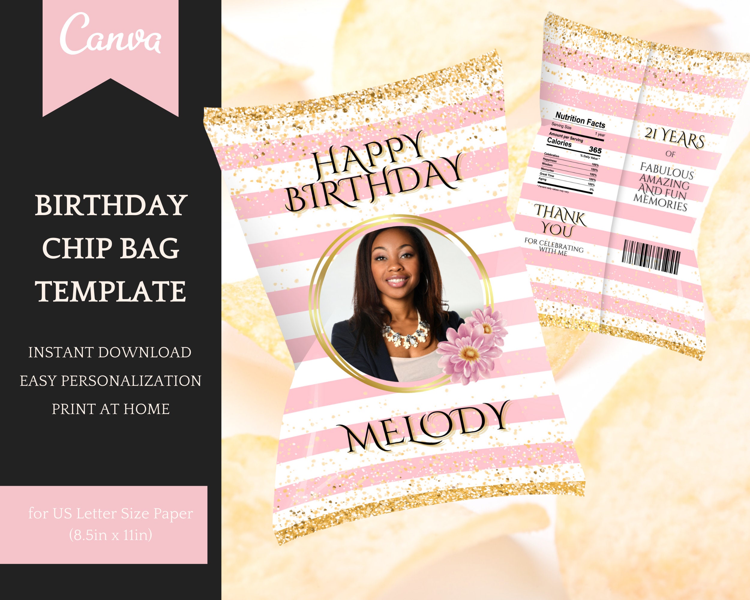 Birthday Chip Bag Template, Elegant Customizable Party Decoration, Easy ...