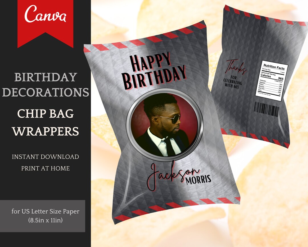 Birthday Chip Bag Template, Elegant Customizable Party Decoration, Easy ...