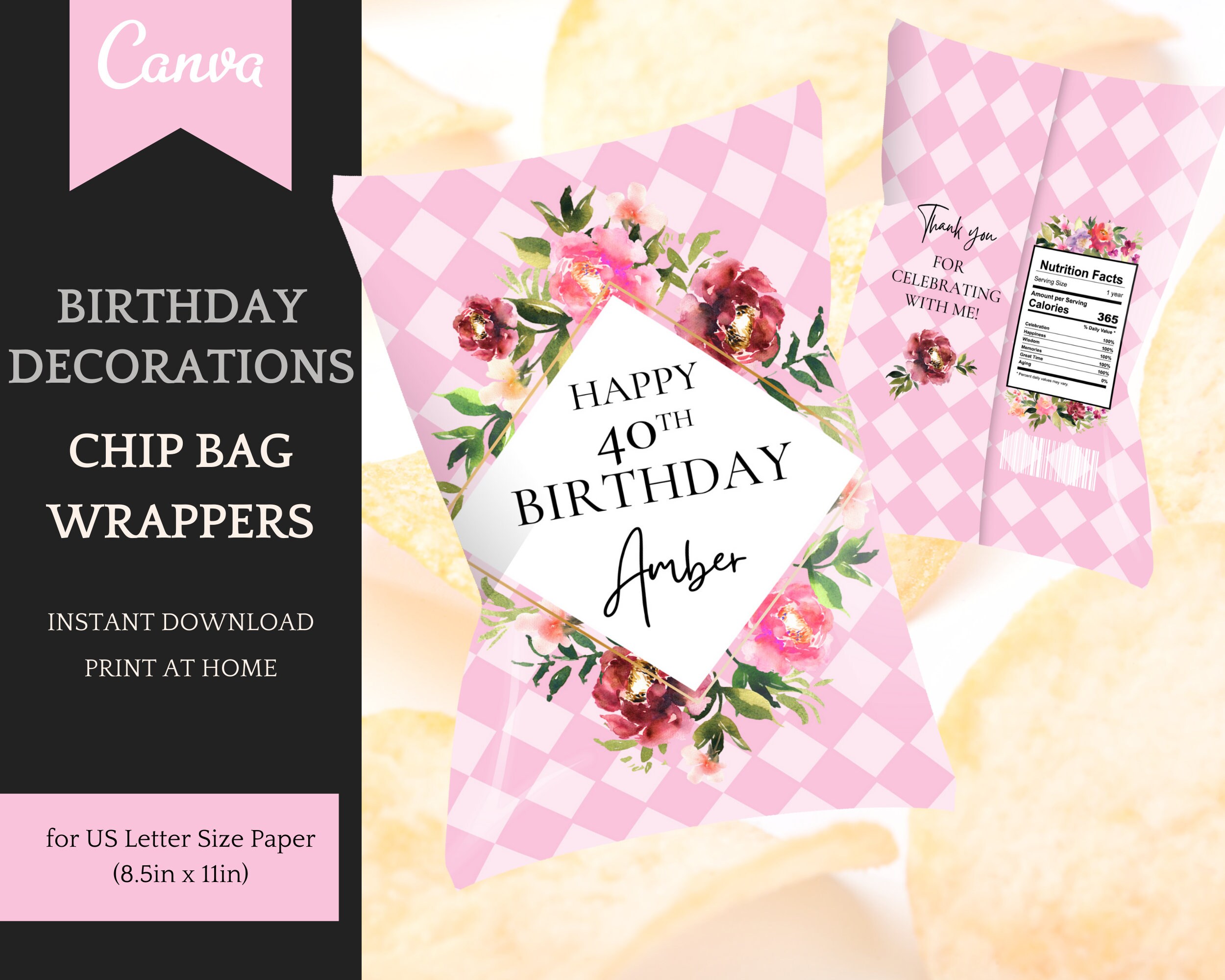 Pink Flowers Birthday Decorations for Her Printable Template - Etsy
