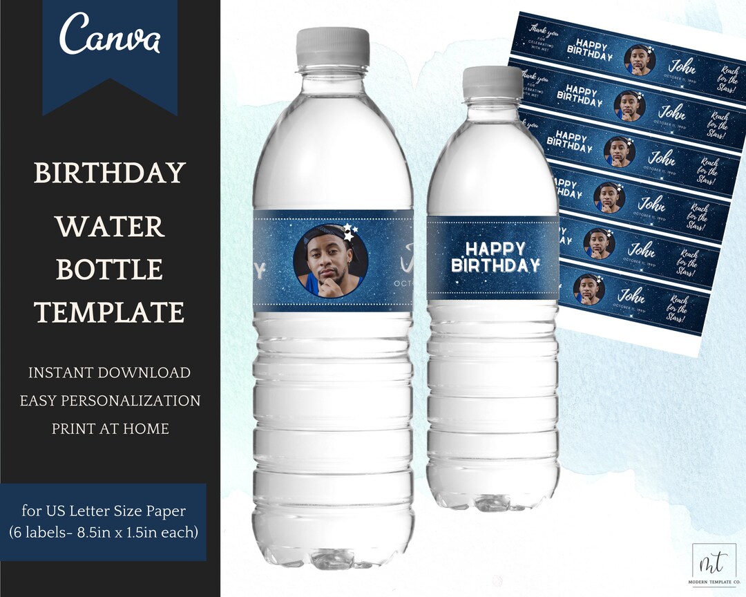 Water Bottle Label Template Navy Stars, Printable Birthday Decorations ...