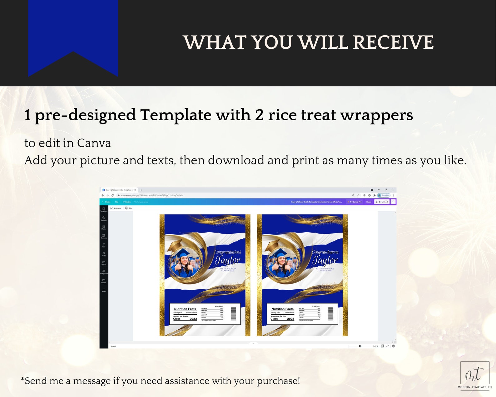 Graduation Rice Treats Template in Blue and Gold, Class of 2023 ...