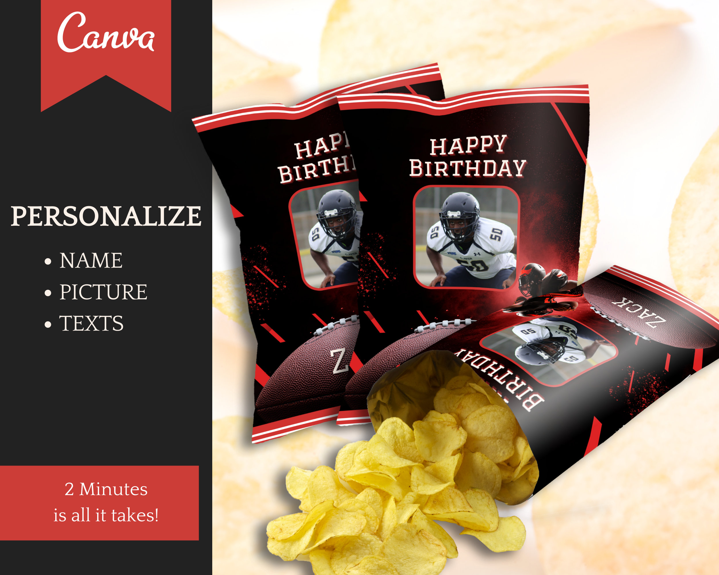 Football Chip Bag Template Customizable Birthday Party - Etsy