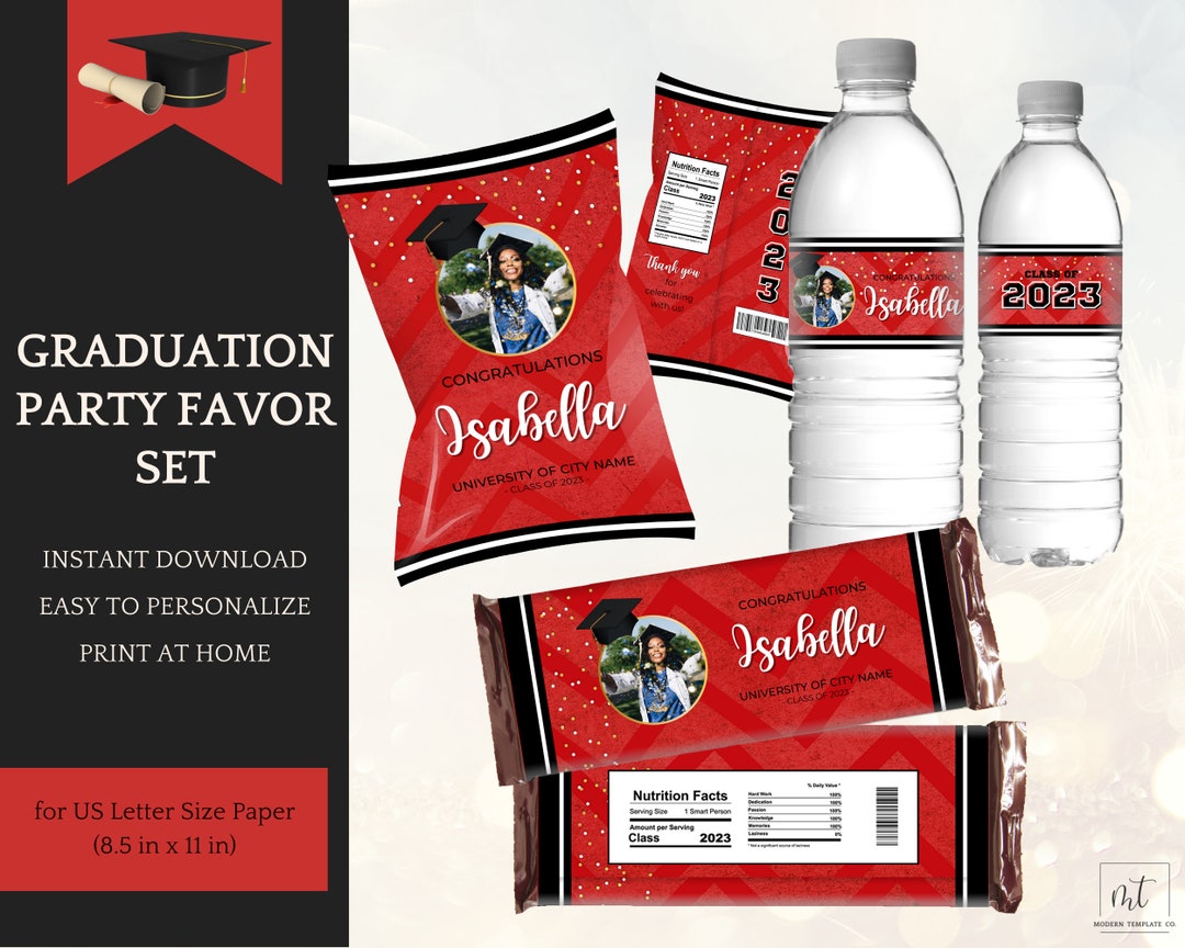 Red Graduation Decorations, Chip Bag Template, Candy Bars & Water ...